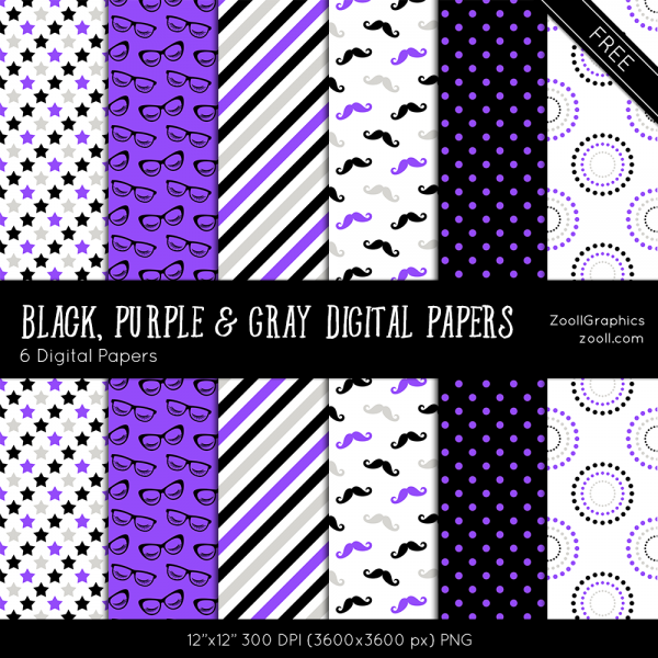 Printables: Black, Purple & Gray Digital Papers - Zooll.com - Graphic ...