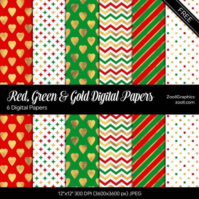 Printables: Red, Green & Gold Digital Papers - Zooll.com - Graphic ...